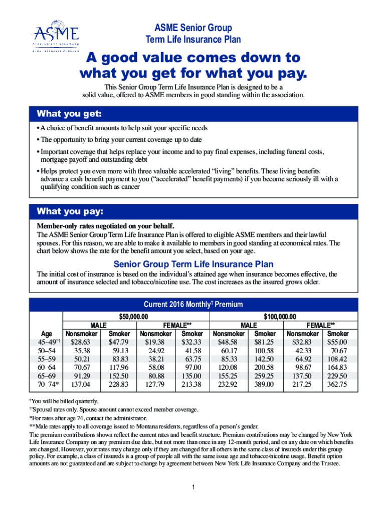 Fillable Online ASME Senior Group Term Life Insurance A good value ...