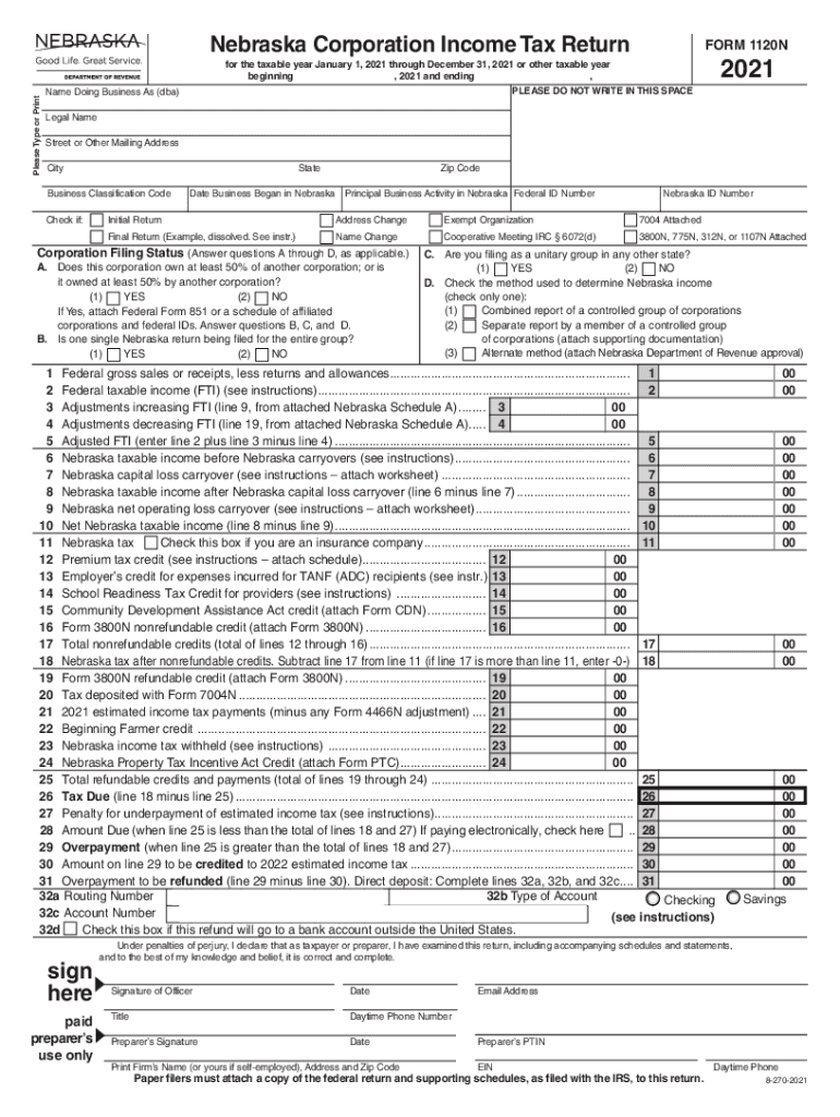 Fillable Online revenue.nebraska.gov tax-forms 2021Nebraska Corporation ...