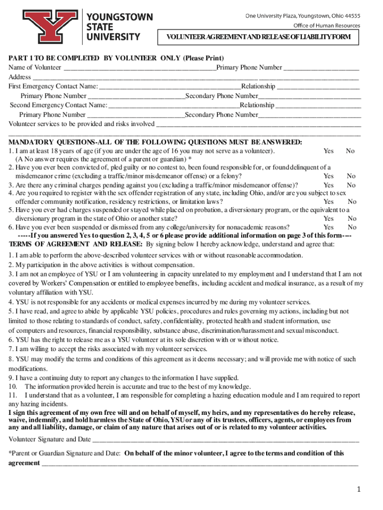 Fillable Online VOLUNTEER SERVICE STATEMENT & RELEASE OF LIABILITY FORM ...