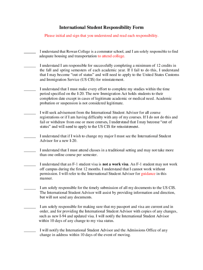 Fillable Online International Student Responsibility Form Fax Email ...