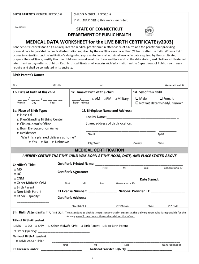 Fillable Online MEDICAL DATA WORKSHEET for the LIVE BIRTH CERTIFICATE ...