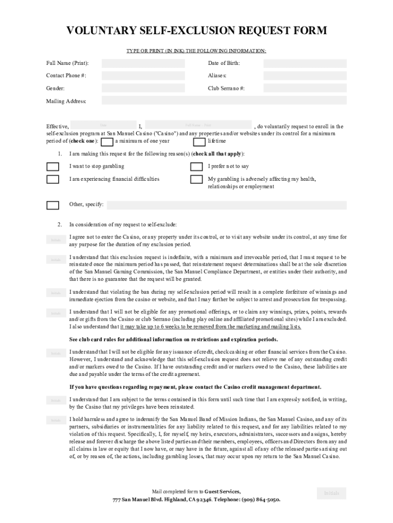 Fillable Online www.yaamava.comsitesdefaultVOLUNTARY SELF-EXCLUSION ...