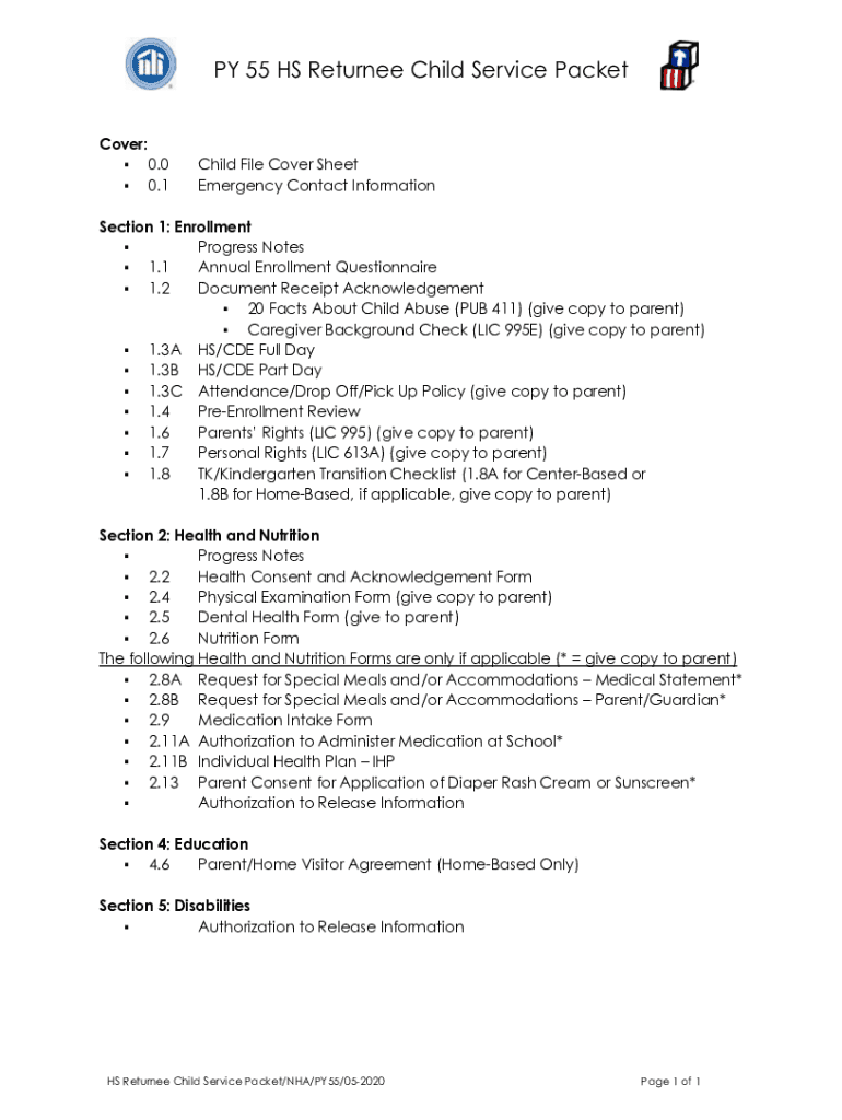 Fillable Online PY 55 HS Returnee Child Service Packet Fax Email Print ...