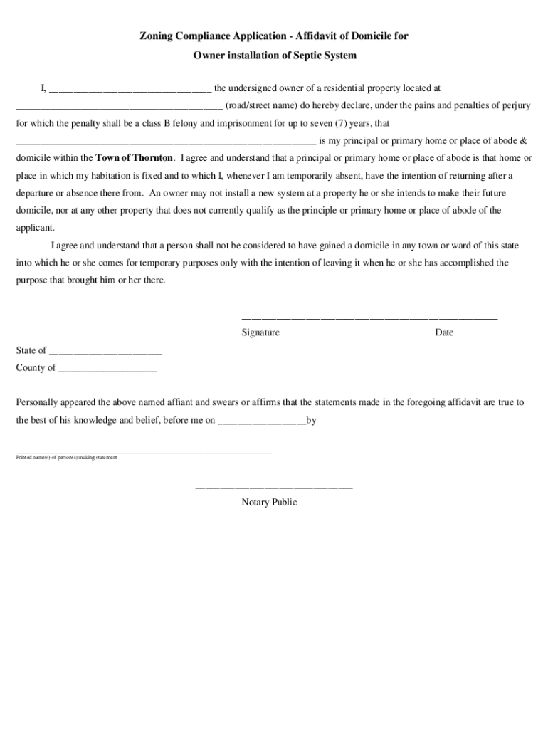 Fillable Online Zoning Compliance Application - Affidavit of Domicile ...