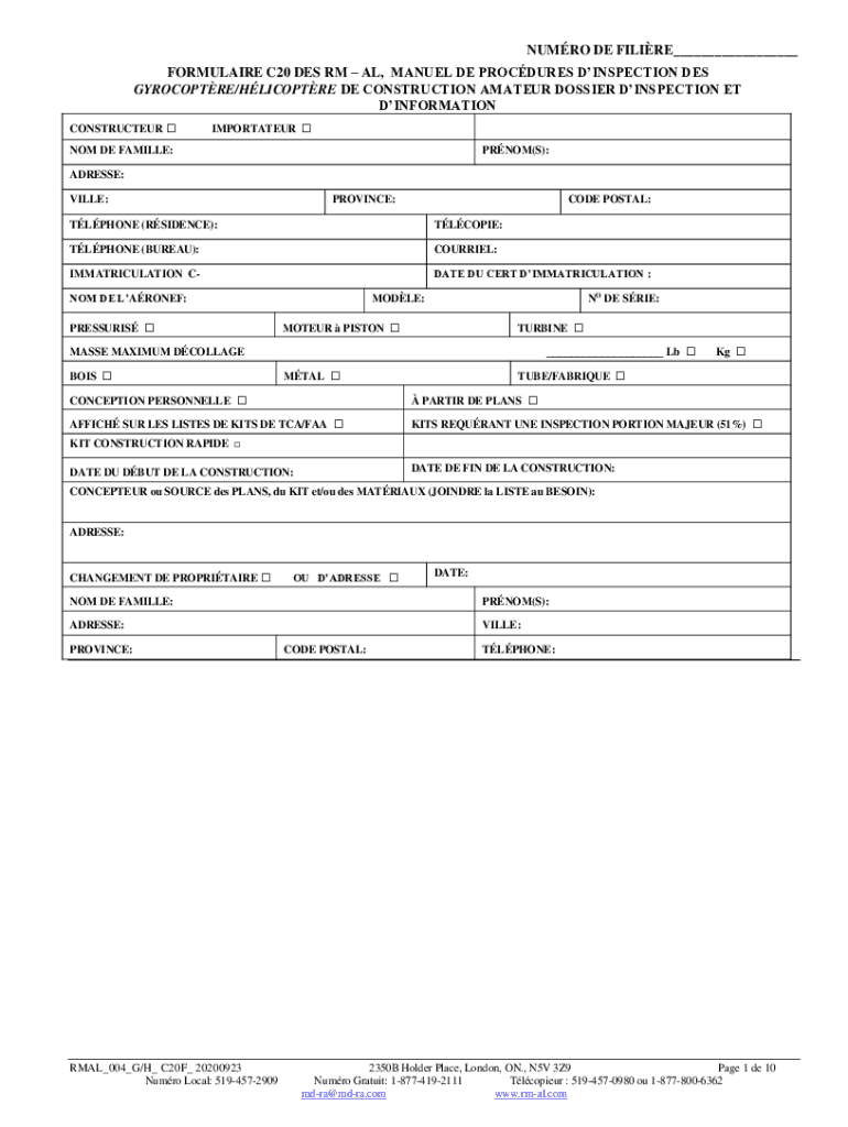Fillable Online NUMRO DE FILIRE FORMULAIRE C20 DES RM AL, MANUEL DE ...