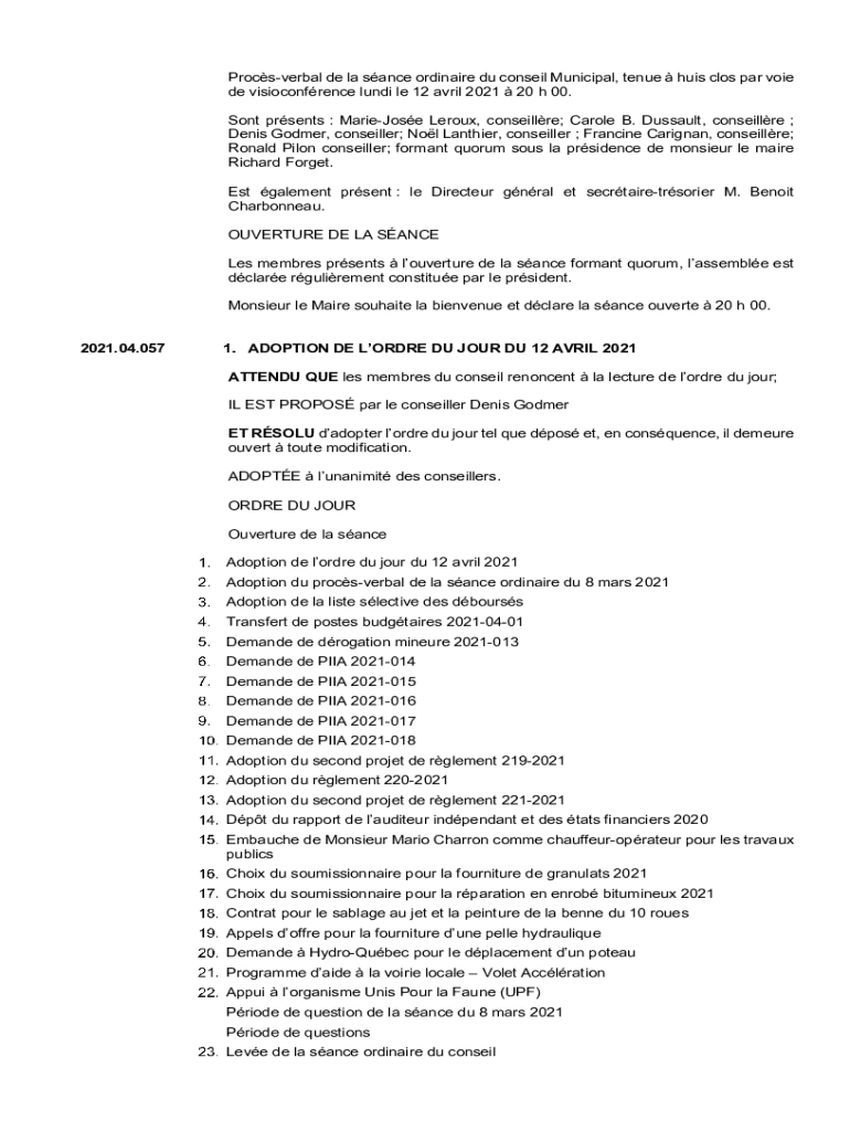 Remplissable En Ligne Procs-verbal de la sance ordinaire du conseil Municipal, tenue... Fax ...