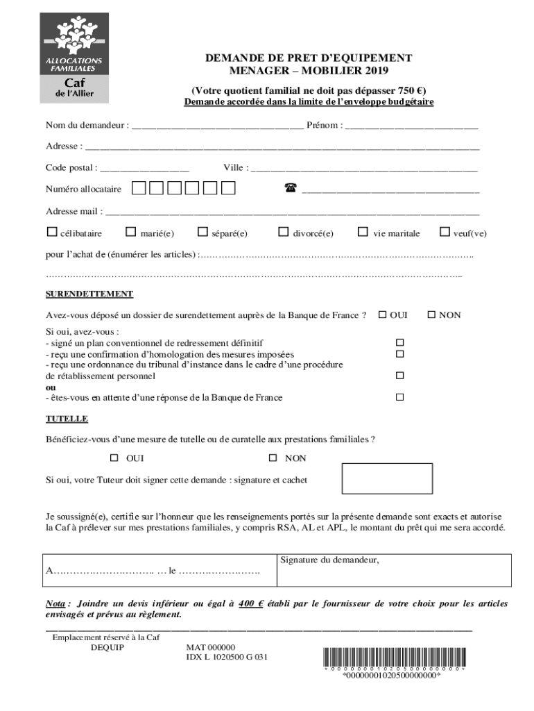 Remplissable En Ligne Formulaire pret d'equipement caf rhonel'aidela ...