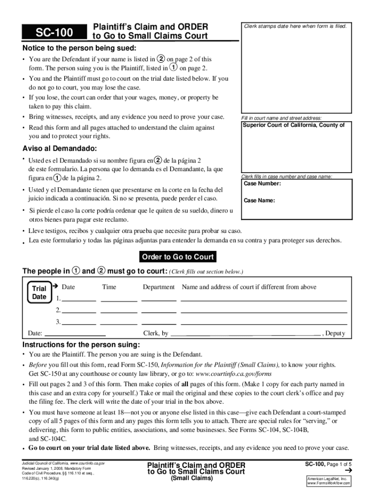 Fillable Online Fillable Online sdcourt ca SC-100 Plaintiff s Claim and ...