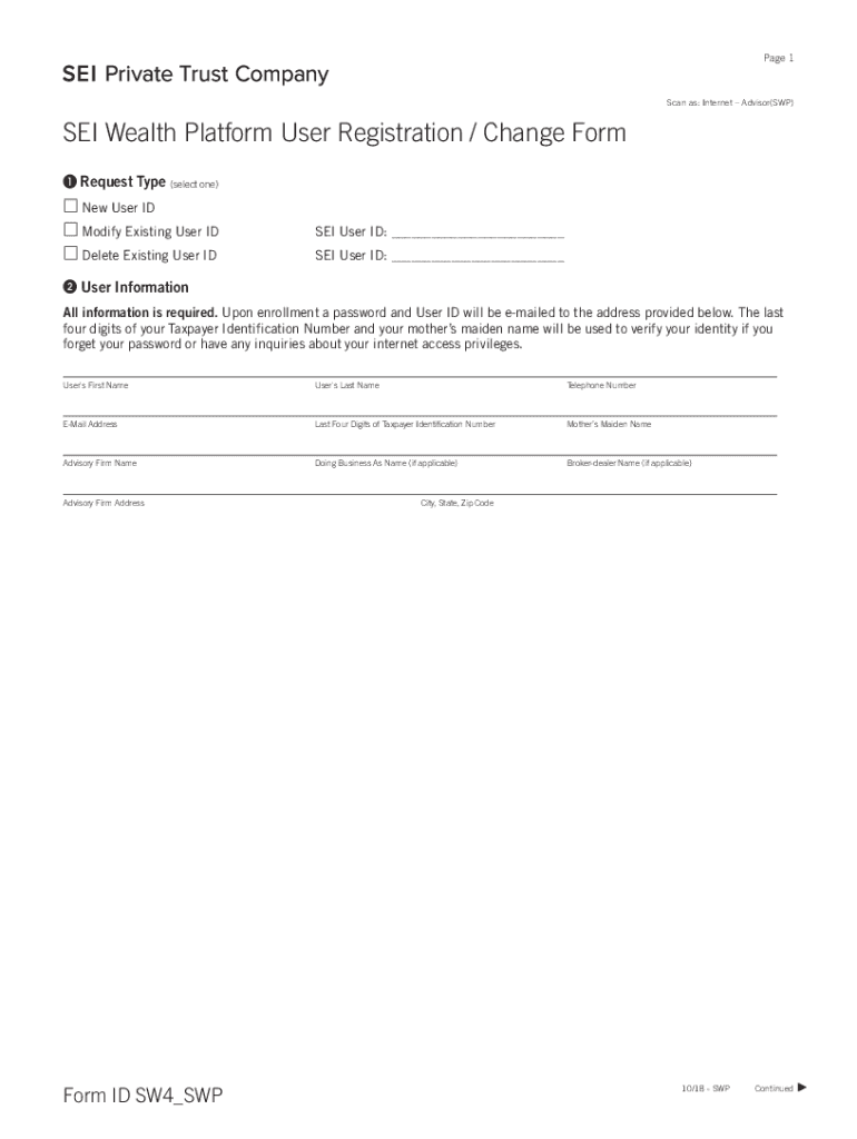 Fillable Online SEI Wealth Platform User Registration / Change Form Fax ...