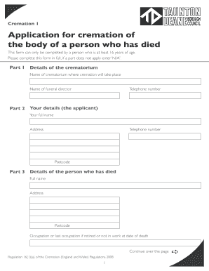 Fillable Online Application for cremation of the body of a person who ...