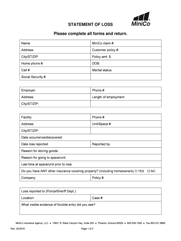 Fillable Online STATEMENT OF LOSS Please complete all forms and return ...