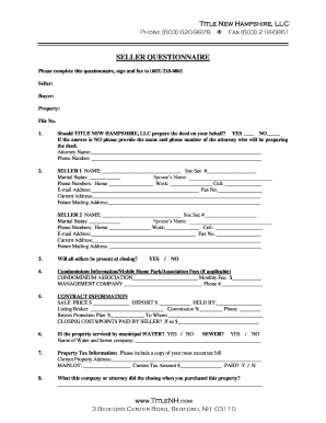 Fillable Online SELLER QUESTIONNAIRE - Title NH Fax Email Print - pdfFiller