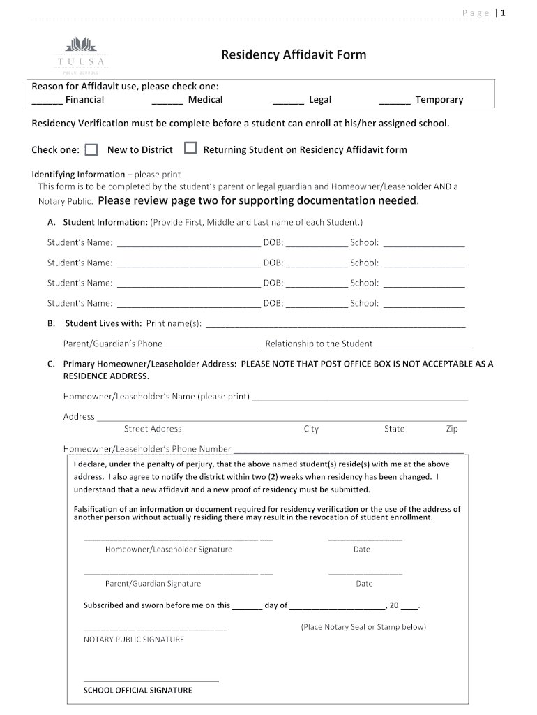Fillable Online tulsaschools Page 1 Residency Affidavit Form Reason for ...
