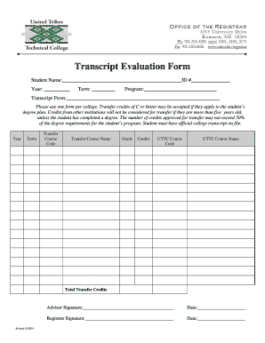 Fillable Online uttc Transcript Evaluation Form - United Tribes ...