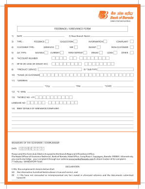 Fillable Online Complaint form A4 size - Bank of Baroda Fax Email Print ...