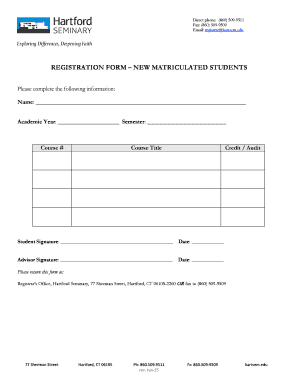 Fillable Online hartsem REGISTRATION FORM MATRICULATED STUDENTS Fax ...