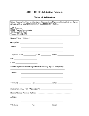 Fillable Online Draft Notice of Arbitration Form 121109 - ADR Chambers ...