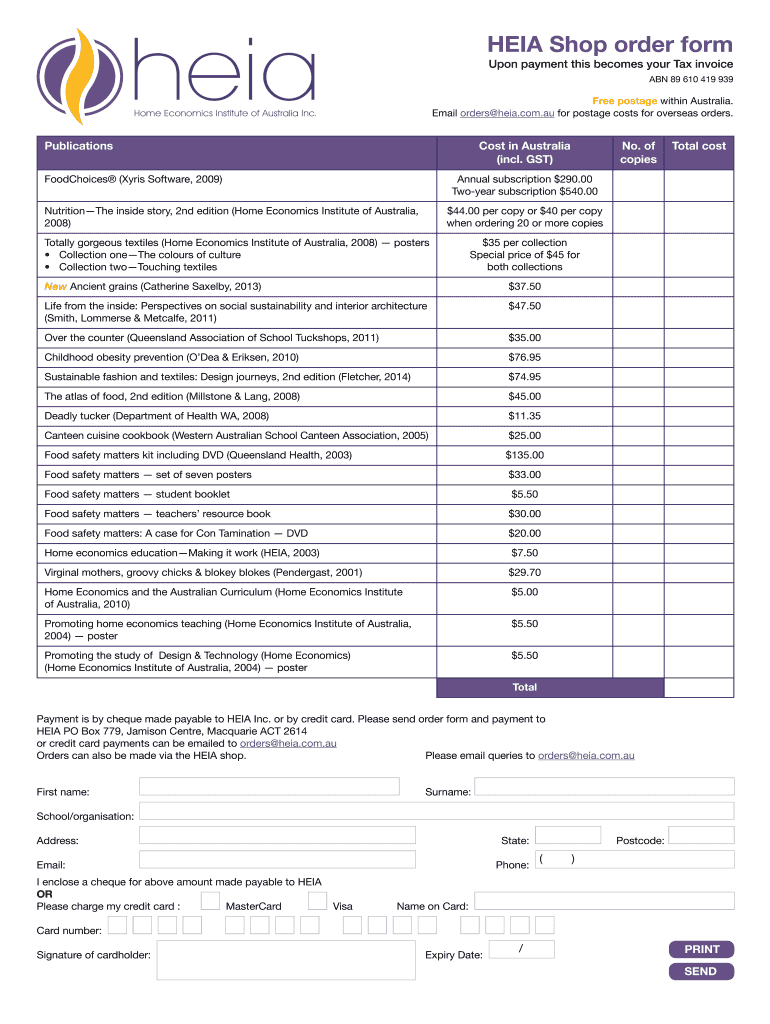 Fillable Online heia com HEIA Shop order form - Home Economics ...