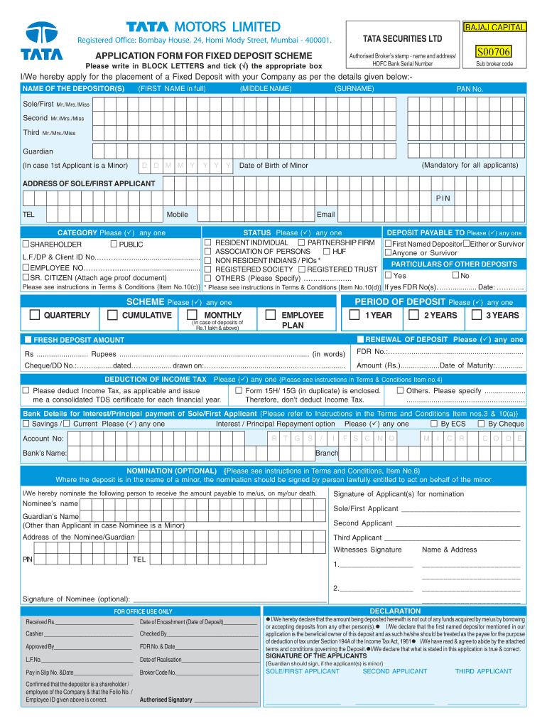 Fillable Online APPLICATION FORM FOR FIXED DEPOSIT SCHEME Please write ...
