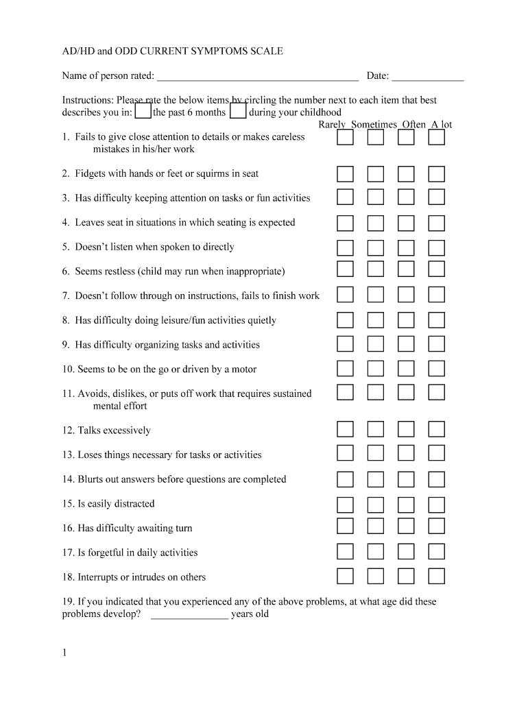 Fillable Online ADHD and ODD CURRENT SYMPTOMS SCALE Fax Email Print ...