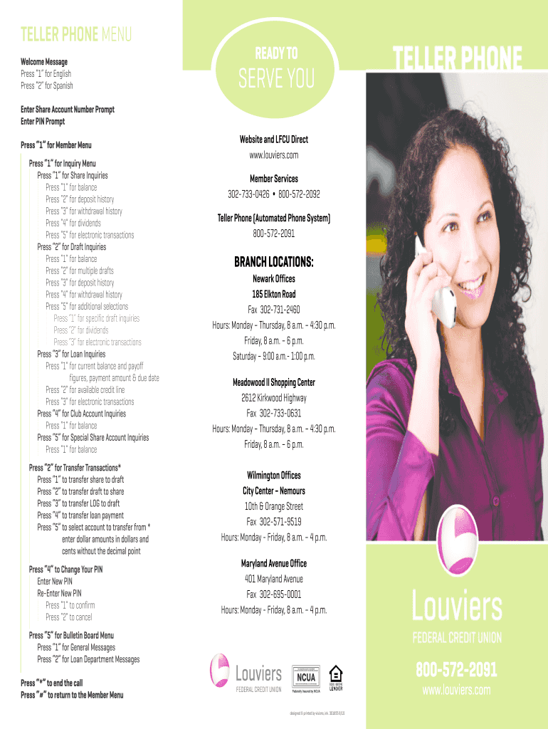 Fillable Online Teller Phone Menu - Louviers Federal Credit Union Fax ...