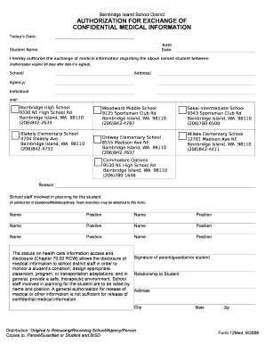 Fillable Online bisd303 Bainbridge Island School District AUTHORIZATION FOR EXCHANGE OF ...