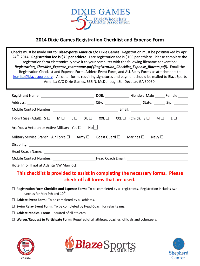 Fillable Online 2014 Dixie Games Registration Checklist and Expense Form Fax Email Print - pdfFiller