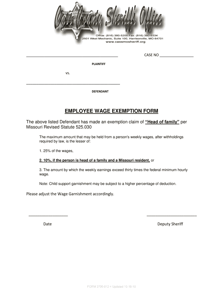 Fillable Online cassmosheriff EMPLOYEE WAGE EXEMPTION FORM - Cass ...