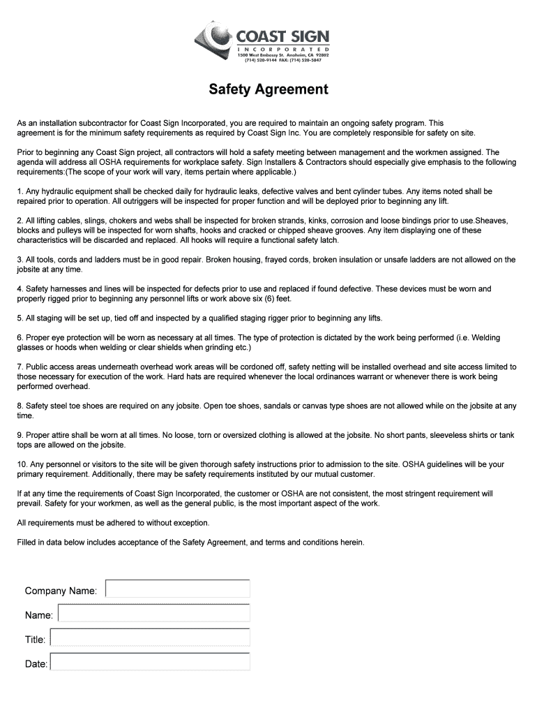 Fillable Online Safety Agreement - Coast Sign Fax Email Print - pdfFiller