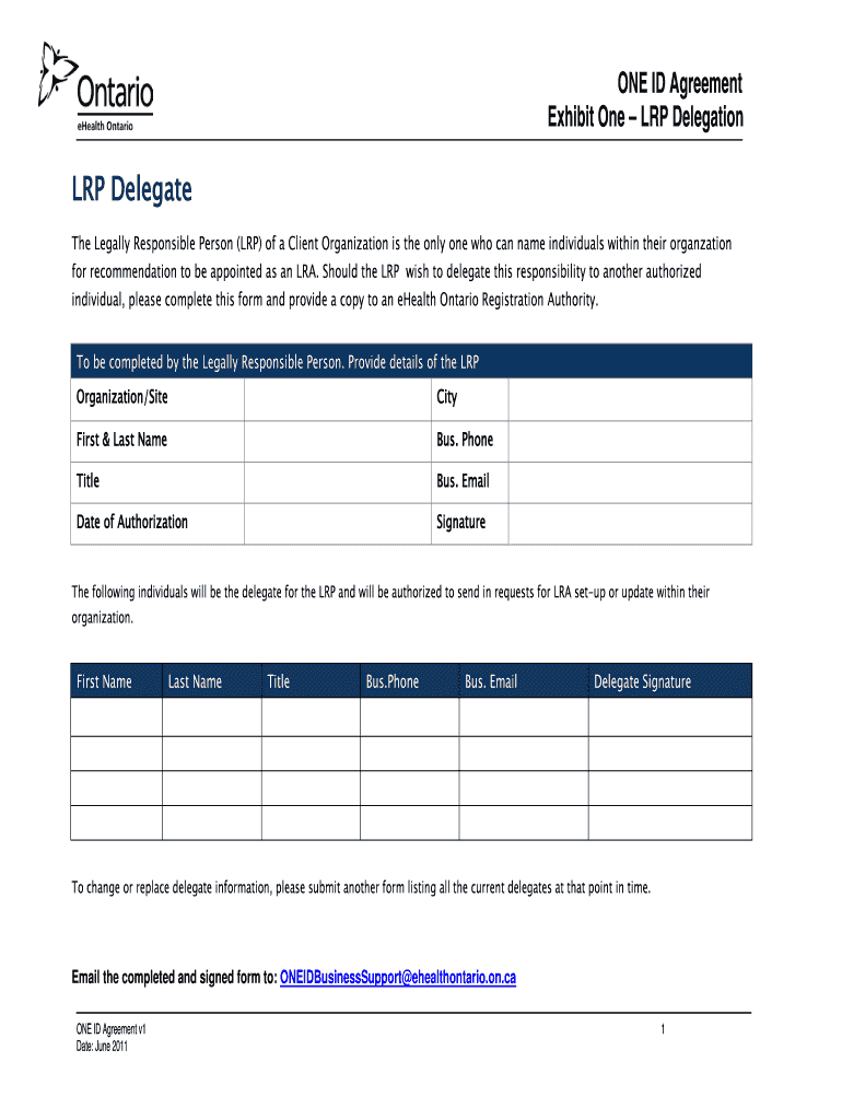 Fillable Online ONE ID Agreement Exhibit One LRP Delegation Fax Email ...