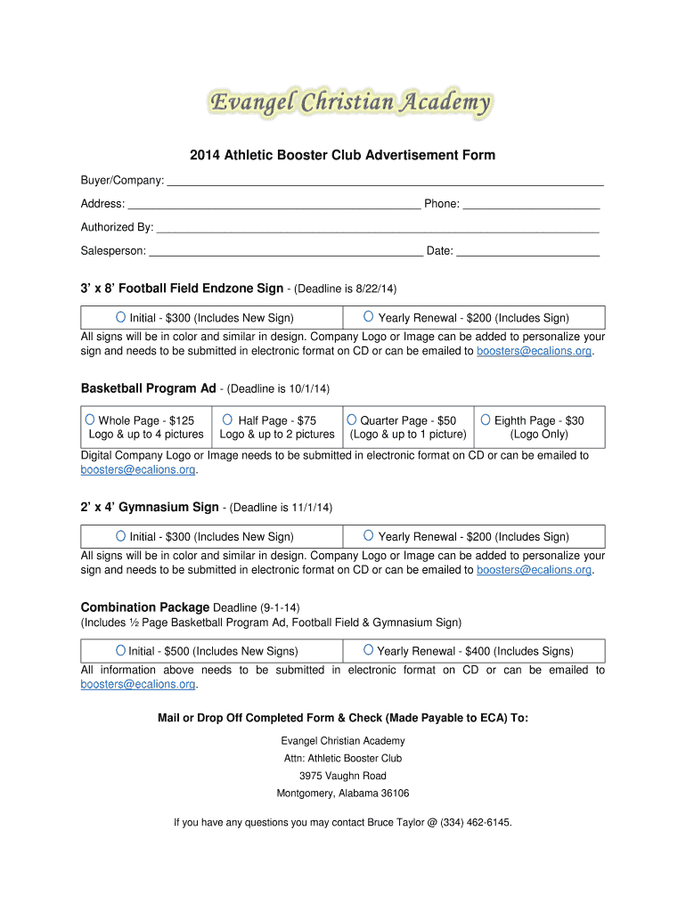 Fillable Online ecalions 2014 Athletic Booster Club Advertisement Form ...