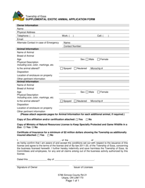 Fillable Online Township of Essa SUPPLEMENTAL EXOTIC ANIMAL APPLICATION FORM Fax Email Print ...