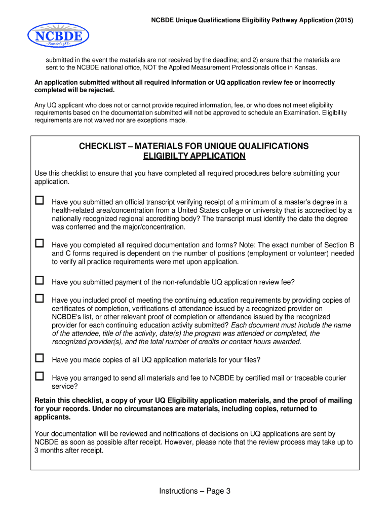 Fillable Online ncbde INSTRUCTIONS FOR SUBMISSION OF Fax Email Print ...