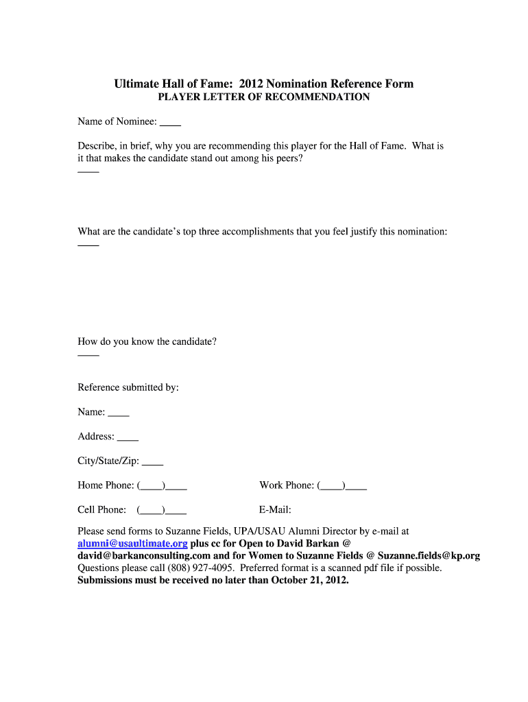 Fillable Online usaultimate PLAYER LETTER OF RECOMMENDATION Fax Email ...