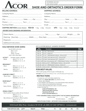 Fillable Online SHOE AND ORTHOTICS ORDER FORM - Acor Orthopaedic Inc ...