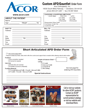 Fillable Online NEW Custom AFO/Gauntlet Order Form - Acor Fax Email ...