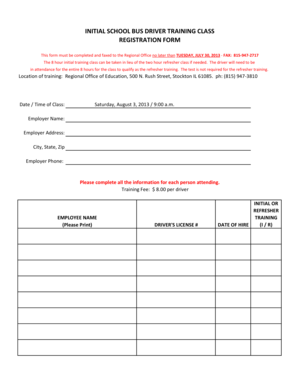 Fillable Online INITIAL SCHOOL BUS DRIVER TRAINING CLASS REGISTRATION ...