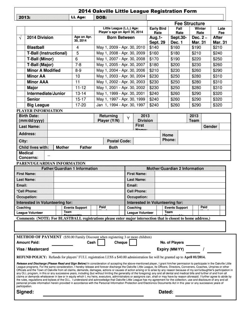 Fillable Online 2014 Oakville Little League Registration Form Fax Email ...