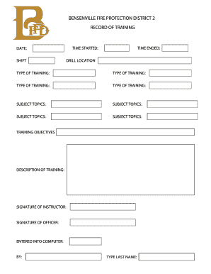 Fillable Online bensenvillefpd Record of Training b2015b - Bensenville ...