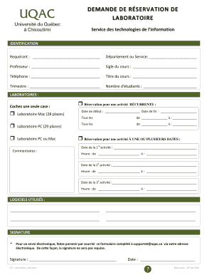 Remplissable En Ligne uqac DEMANDE DE RSERVATION DE LABORATOIRE - Universit du Fax Email ...