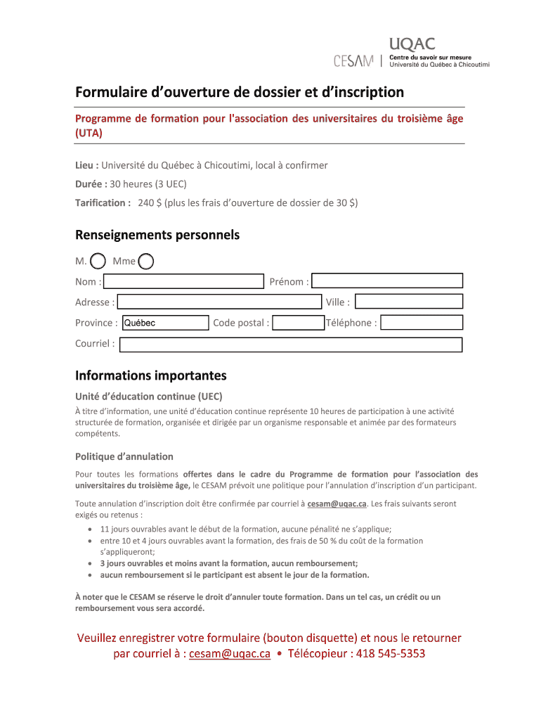 Remplissable En Ligne cesam uqac Formulaire d ouverture de dossier et dinscription Fax Email ...