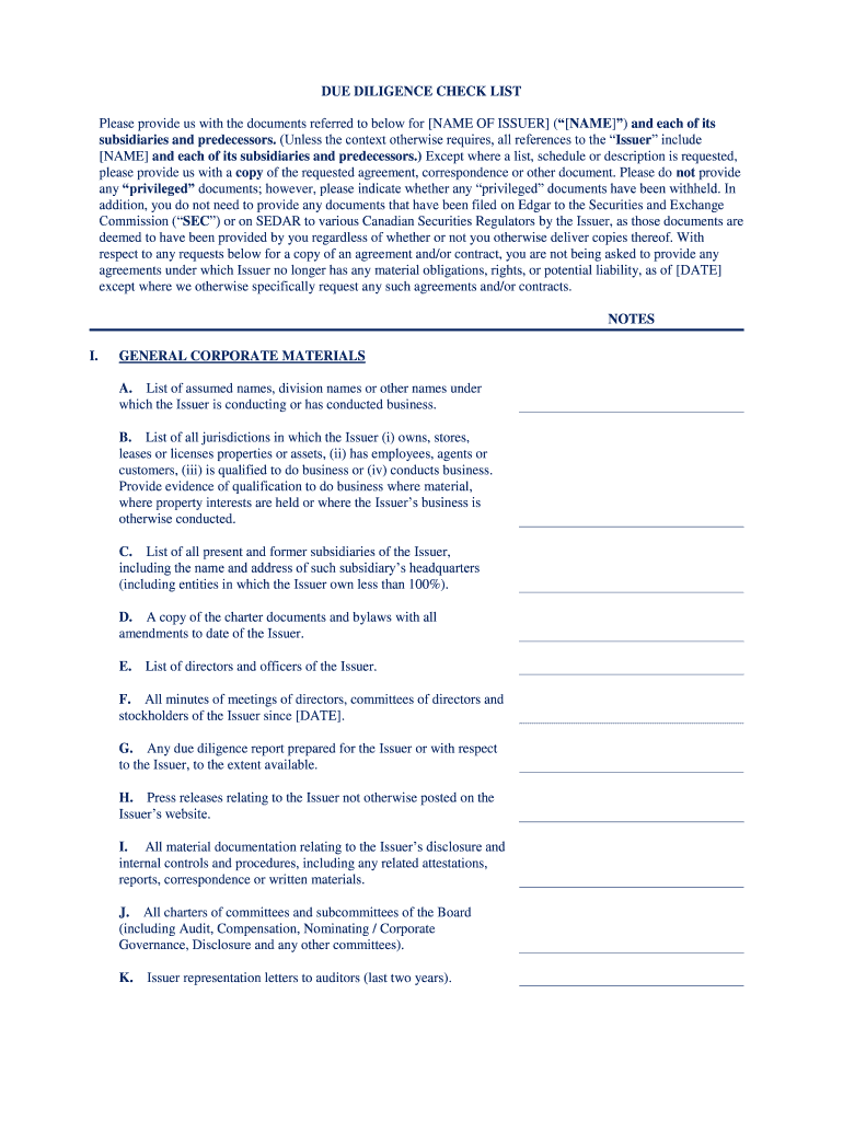 Fillable Online DUE DILIGENCE CHECK LIST Fax Email Print - pdfFiller