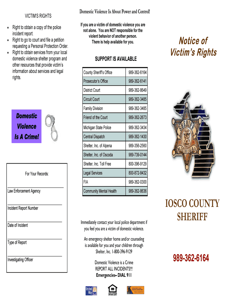Fillable Online shelterincalpena Iosco Victims Rights Brochure Fax ...