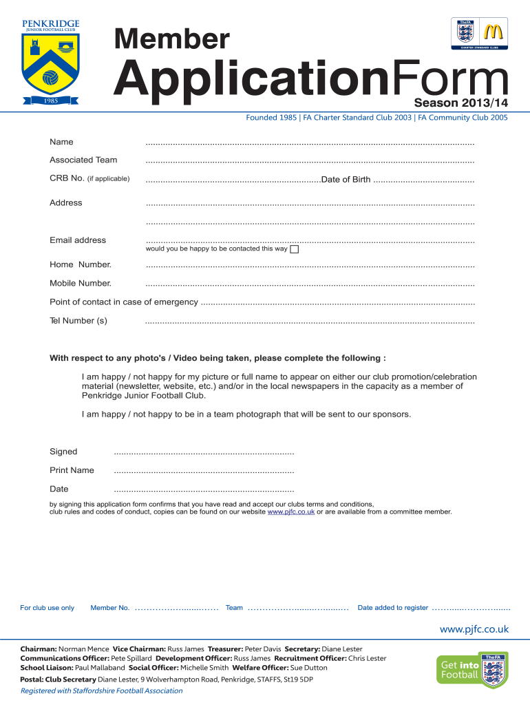 Football Club Membership Form Fill Online Printable Fillable Blank