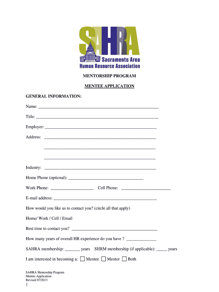 Fillable Online sahra MENTORSHIP PROGRAM MENTEE APPLICATION GENERAL INFORMATION Fax Email Print ...