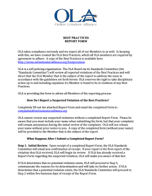 Fillable Online onlinelendersalliance BEST PRACTICES REPORT FORM Fax ...