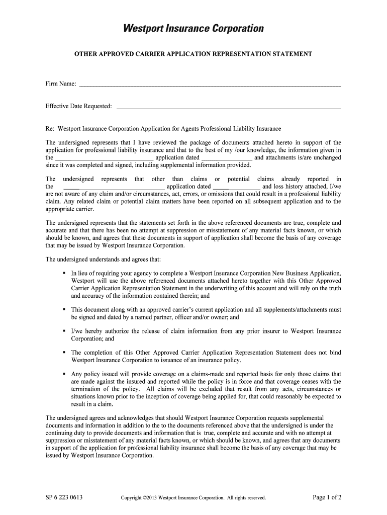 Fillable Online OTHER APPROVED CARRIER APPLICATION REPRESENTATION ...