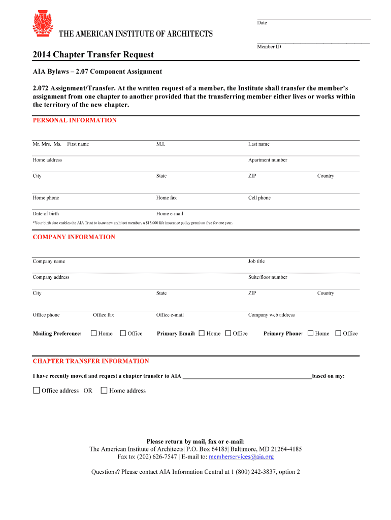 Fillable Online aia-wyoming 2014 Transfer Form Fax Email Print - pdfFiller