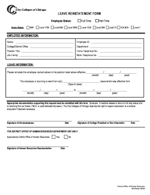 Fillable Online LEAVE REINSTATEMENT FORM - City Colleges of Chicago Fax ...