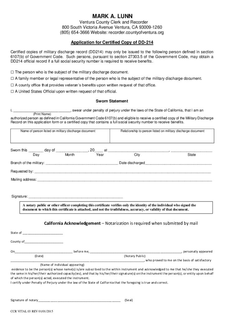 Fillable Online recorder countyofventura DD214 Request Application - County Clerk and Recorder ...